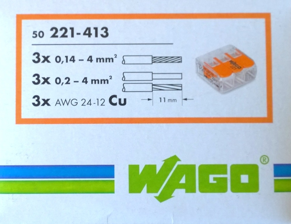 Jungtis kabeliui 3x0,2-4mm univers įkišama 221-413 32A WAGO (50vnt)